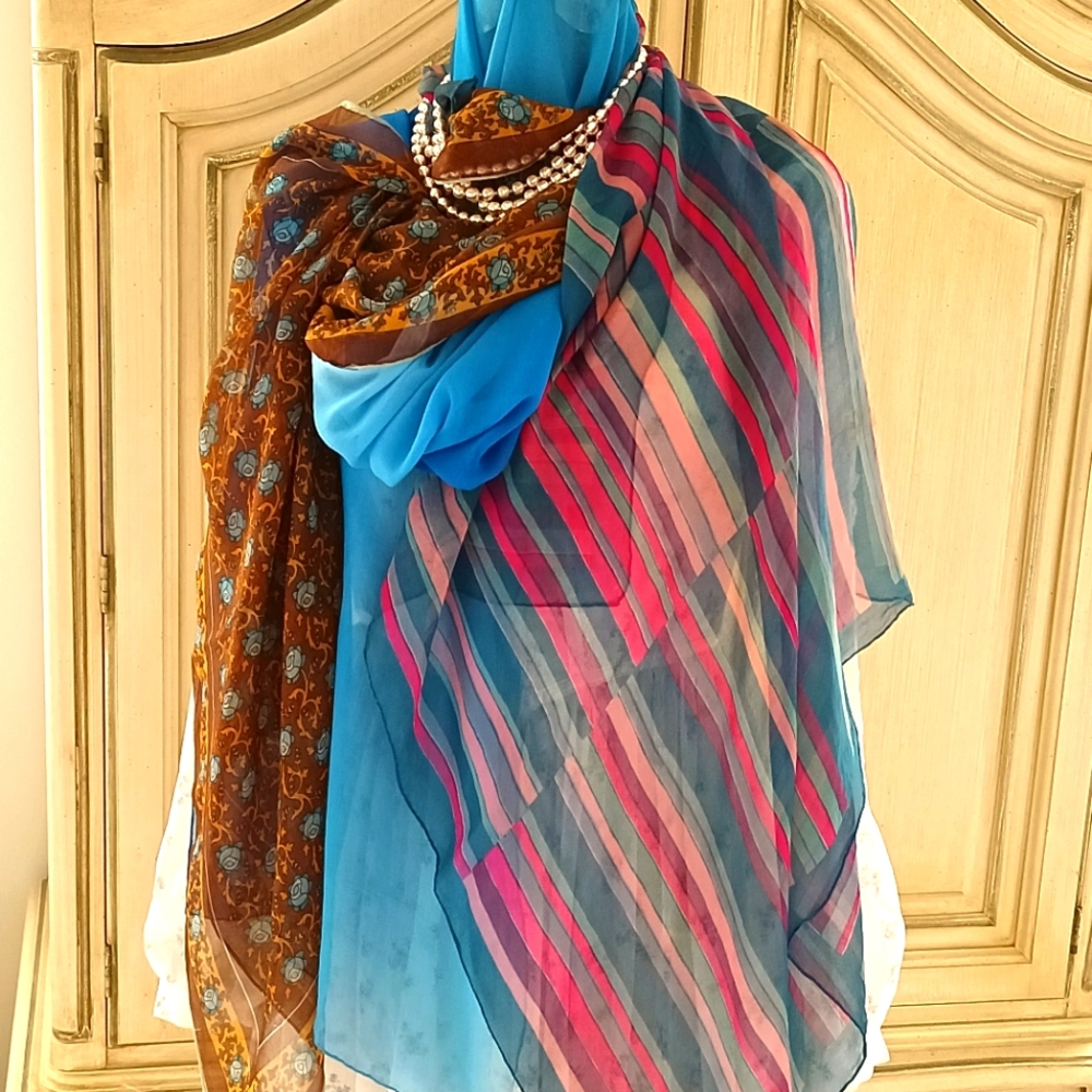 Three Amazing Vintage Scarves! Blue Colorway! - Gem